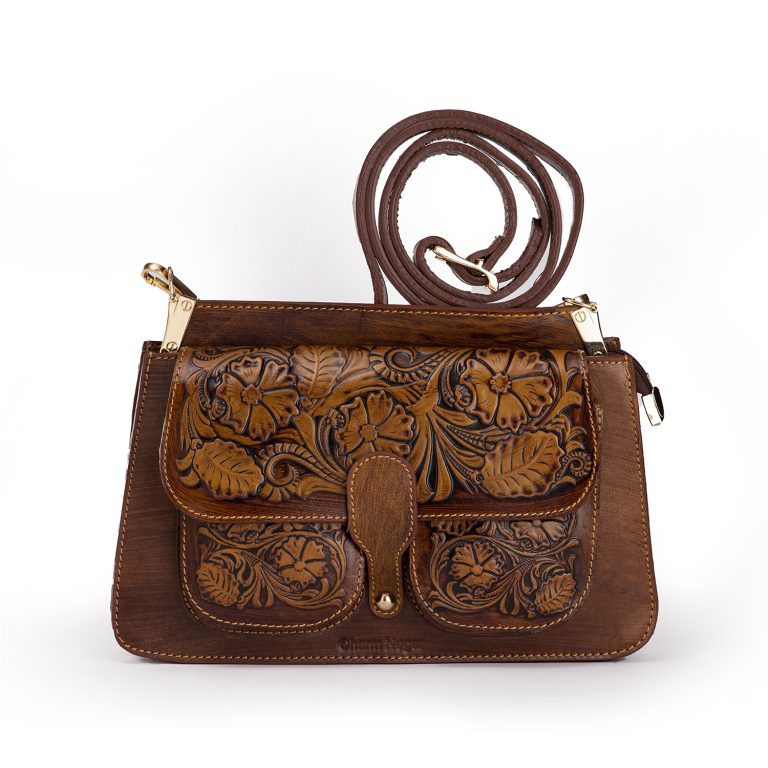 کیف زنانه دو سر خانه قلم کاری قهوه ای کد 207048 | چرم نگار